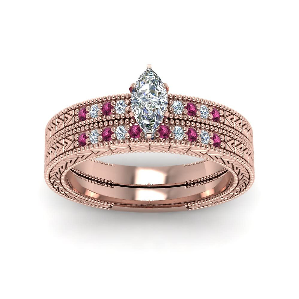 JewelryGift Antique Design Pave Engagement Rings rose gold plated Created Pink Sapphire Marquise shape Pink color Milgrain Engagement Rings pave Setting in Size 12 Fashion Jewelry