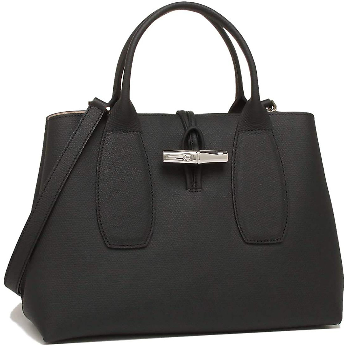 Longchamp 'Roseau' Leather Top handle Shoulder Tote Handbag, Black