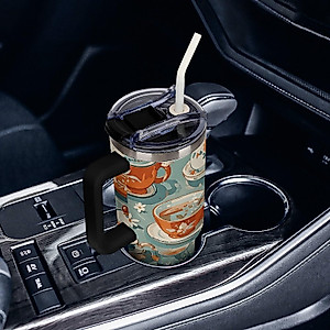 FZQVSGW Teapot And Mug 40 Oz Tumbler with Handle And Straw Stainless Steel Vacuum Insulated Tumblers Reusable Keep Drinks Cold Coffee Cup Holder Friendly Gifts for Women Men Car Gym Travel