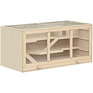 PawHut Extra Large Wooden Hamster Cage, Gerbil Cage, and Other Small Animal Habitat, Hamster Habitat with Opening Roof, Hut, Ramps