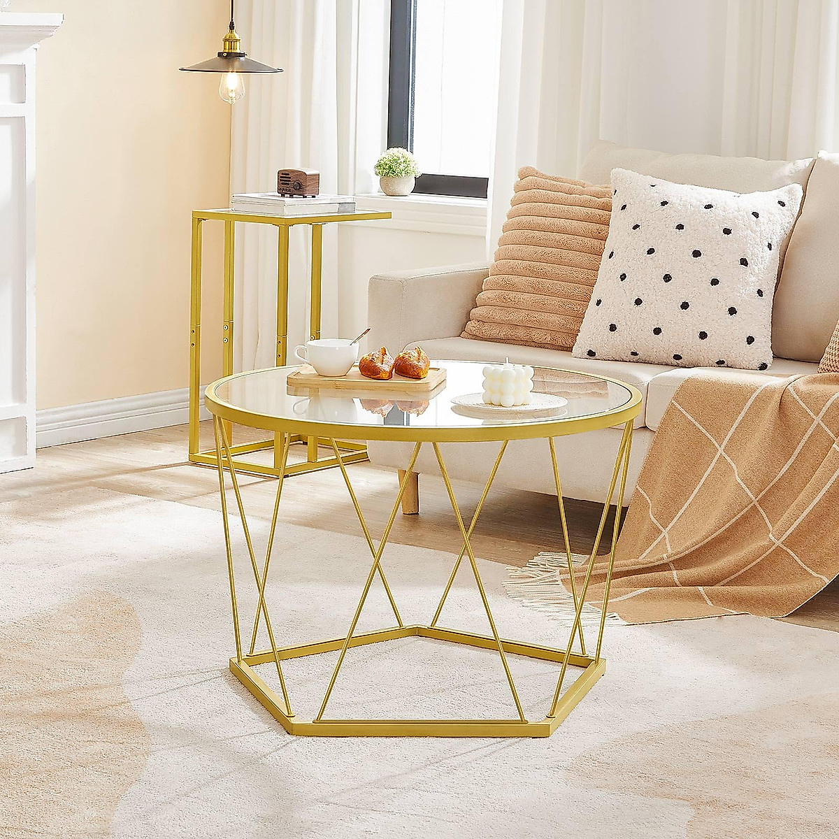 HOOBRO Coffee Table, Gold Glass Coffee Table for Living Room, 27.6" Round Coffee Table, 1 Layer Center Table, Metal Frame, Hexagonal Design, for Small Space, Reception Room, Apartment, Golden GD70KF01