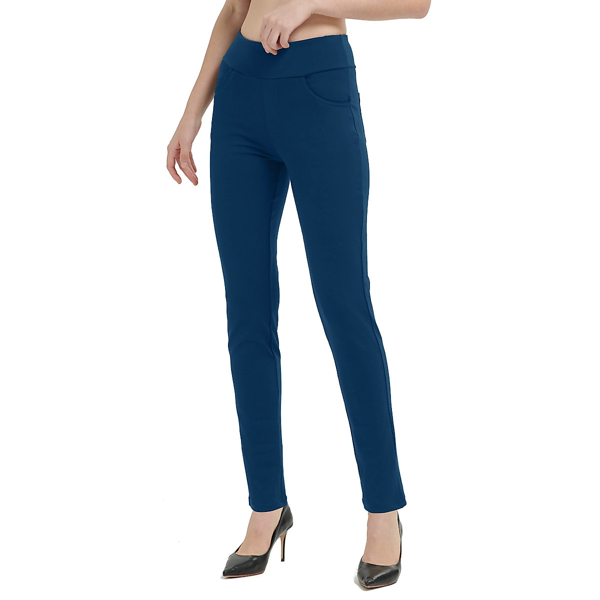 nuveti Women's Yoga Dress Pants Skinny Leg Work Pants Pull on Stretch Pant for Women with Pockets (DiamondBlue,Medium)