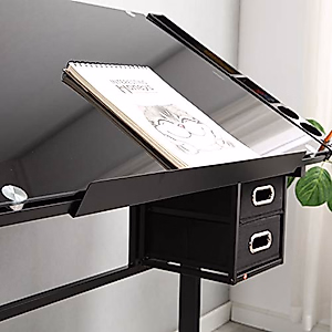 soges Glass Drafting Table, Mobile Drawing Desk with Tilted Tabletop, Art Table with 2 Storage Drawers, Painting Desk for Reading Writing Drawing, Black