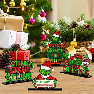 4Pcs Christmas Wooden Table Centerpieces Decoration Green Christmas Thief Wood Desktop Removable Decor Sign Merry Christmas Gnome Ornaments for Christmas Winter Theme Party Decor Table Tier Tray