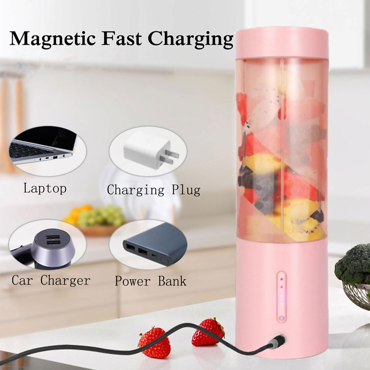 NOLLAM 16 Oz Portable Blender with 6 Blades, USB Rechargeable, Magnetic Charging, Pink