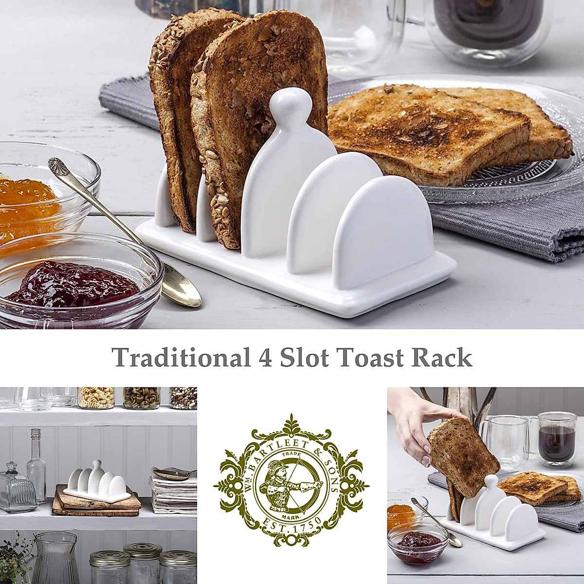 WM Bartleet & Sons 1750 Traditional Porcelain 4 Slot Toast Rack with Carry Handle/Knob– White