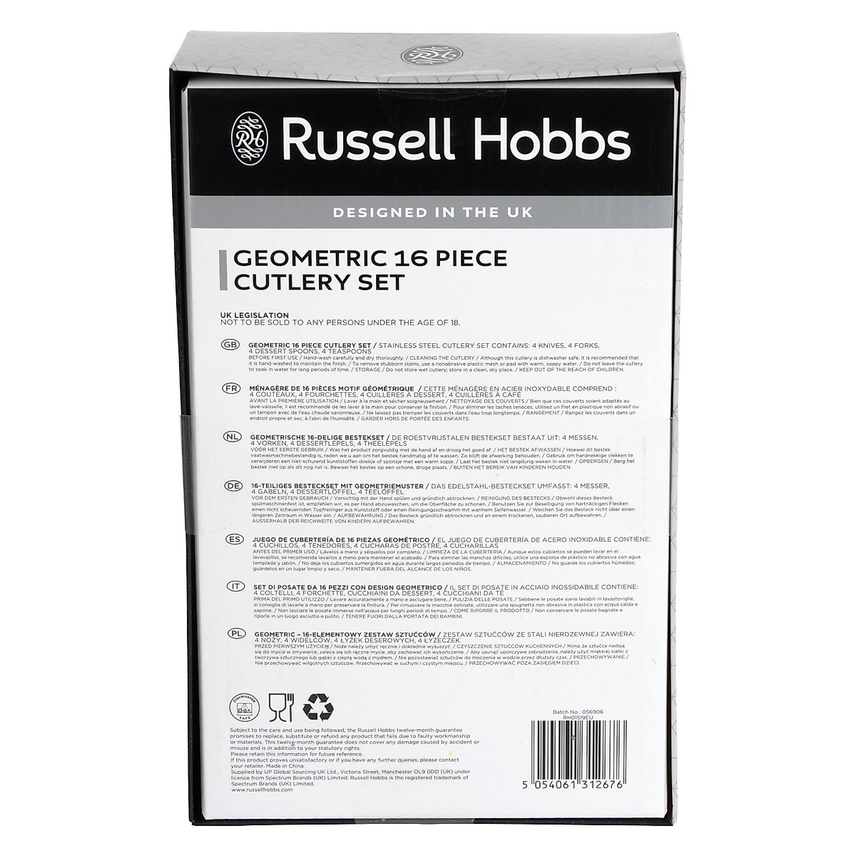 Russell Hobbs RH01519EU 16 Piece Rhombus Cutlery Set, Stainless Steel, Set for 4, Geometric Handle Design, Perfect for Students, Families & New Homeowners