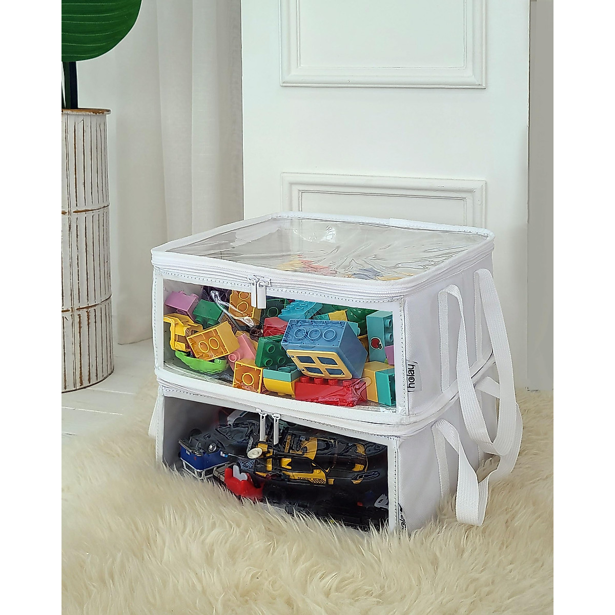 holay 2 Pack 12''x12''x6'' Storage Bins [White] 13L Capacity PVC Boxes Transparent Lid Handles - Durable Foldable - Multi Purpose Toy, Clothes, Blocks Organizer for Kids, Toddlers, Playroom[Medium]