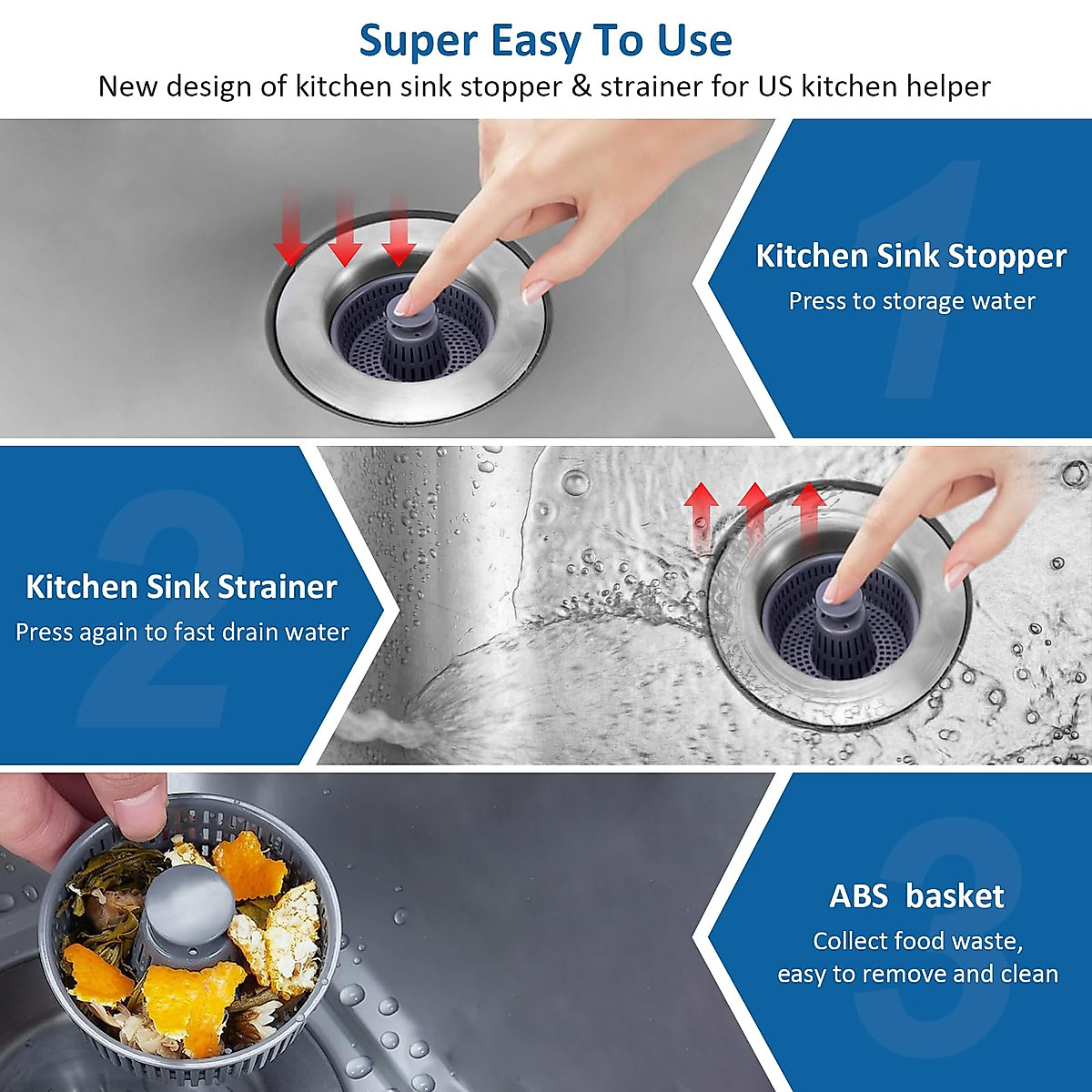 3 in 1 Kitchen Sink Drain Strainer and Stopper Combo, Stainless Steel Pop Up Sink Stopper with Anti-Clogging Basket Sink Strainer, Sink Bounce Core Drain Strainer for Standard 3-1/2 Inch Drain