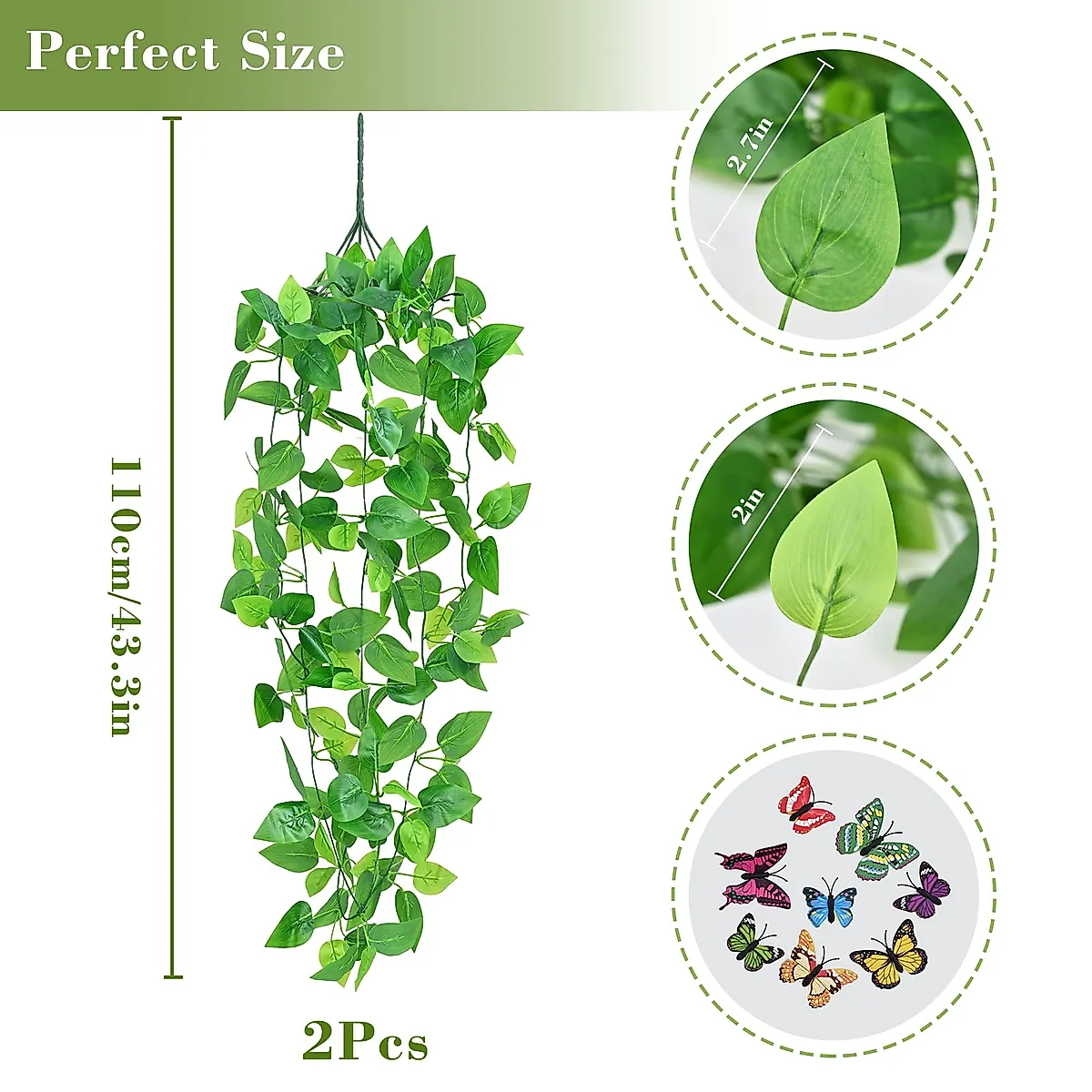 Waipfaru 2pcs Artificial Hanging Plants, 3.6FT Fake Hanging Plants, Fake Ivy Vines with Full Leaves, Faux Hanging Greenery Pothos for Wall Room Bathroom Indoor Outdoor Home Shelf Office Decor
