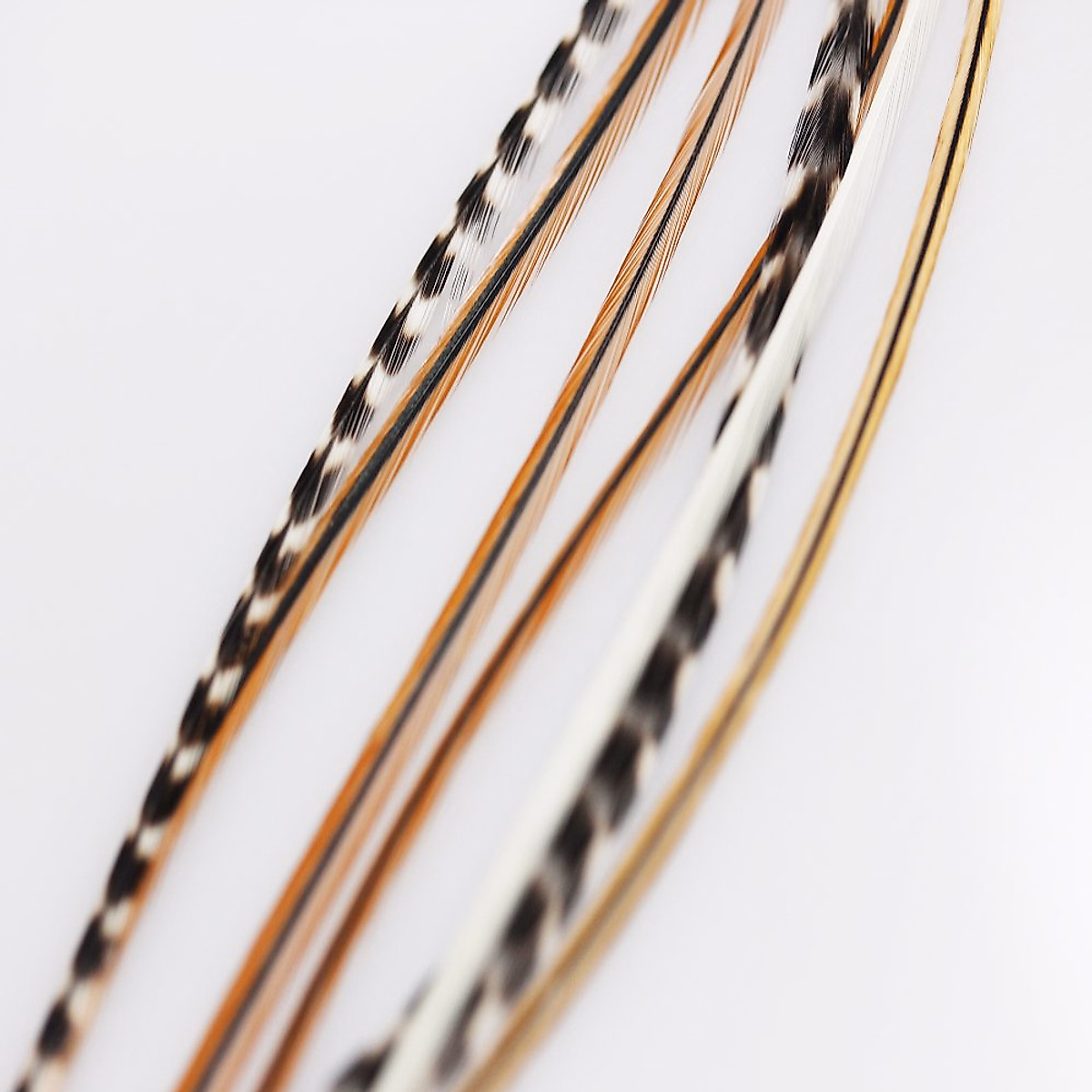 Natural Beige and Brown Feather Hair Extension – Ranging from 8 to 12 Inches, Seven Genuine Rooster Feathers Bonded Together, Includes Two Silicone Micro Beads