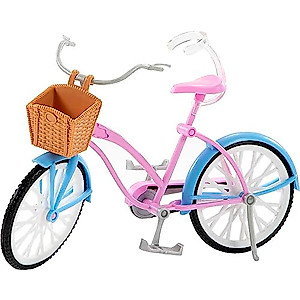 Barbie Doll & Bike Set with Accessories, Blonde in Rainbow Romper with Pink & Blue Bicycle, Helmet, Basket & Water Bottle
