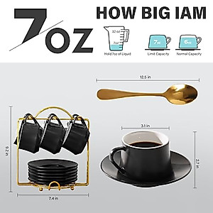 Lareina Porcelain Cappuccino Cups with Saucers, Spoons and Cup Stand - 7 Ounce Ceramic Coffee Cups for Americano, Latte, Cafe Mocha and Tea - Set of 6, Black