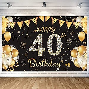 Happy 40th Birthday Backdrop Banner ,40 Years Old Birthday Decorations Party Supplies Black and Gold Party Decorations for Women Men Cake Table Decor Banner Photo Booth Props 71×45inch- Black Gold