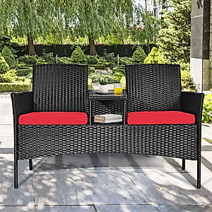 HAPPYGRILL Patio Loveseat Rattan Wicker Loveseat with Coffee Table, Outdoor Conversation Sofa Furniture with Cushions for Garden Lawn Backyard Porch
