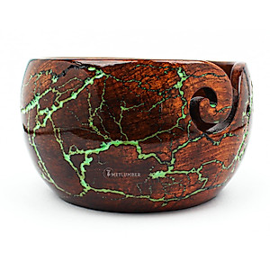 METLUMBER Wooden Yarn Bowl Rosewood Yarn Storage Bowl Holder & Dispenser for Tangle-Free Yarn Perfect Large Knitting & Crochet Bowl Fractal Wood Burning & Green Resin Artwork