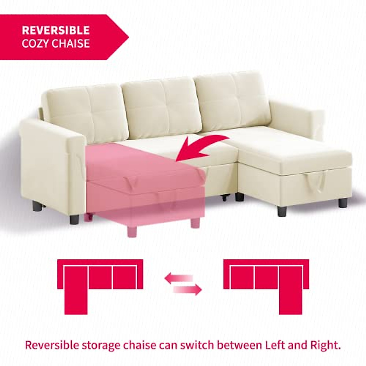 MUZZ Reversible Pull Out Sofa Couch, Sectional Sofa with Storage Chaise 3-Seat L-Shaped Sleeper Sofa, Ideal for Living Room, Apartment and Office etc. (Beige)