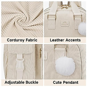 Backpack for Teens Girls, 15.6 Inch Cute Corduroy College School Computer Bookbag with USB Charging Port, TSA Lightweight Soft Travel Backpack Aesthetic Purse Bag for Women Nurse Teacher Work, Beige