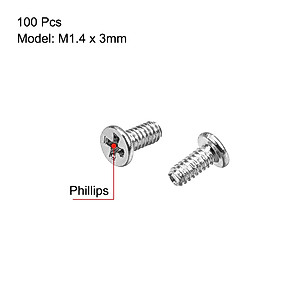 uxcell M1.4x3mm Phillips Screw Fastener Silver Tone 2.5mm Dia Screw Head for Laptop PC TV Fan Switch 100pcs