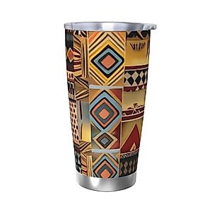 NHJKLWQSZ African Textile Patchwork 20oz Stainless Steel Tumbler With Lid And Straw, Double Wall Vacuum Insulated Coffee Mug Travel Cups Leak-Proof Lid For Hot And Cold Drinks, Metal Straws And Brush