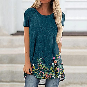 Womens Shirts Casual Womens Tunic Tops to Wear with Leggings Pattern Print Crewneck Short Sleeve Shirt Irregular Hem Tunic Hide Belly Shirt Womens Tops Summer Navy 5X