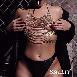 Salliy Boho Body Chain Bra Gold Sexy Rhinestone Bikini Bra Body Halter Backless Sequins Chain Bra Beach Body Accessories Jewelry for Women and Girls (Gold Bra)