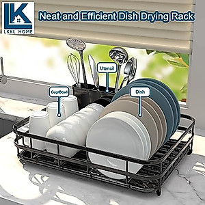 LKKL Dish Drying Rack, Large Capacity Dish Rack for Kitchen Counter, Extendable Dish Rack, Anti-Rust Stainless Steel Dish Drainer with Utensil Holder Cups Holder, Black