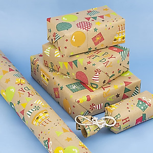 RUSPEPA Kraft Wrapping Paper Roll - Birthday Party Pattern - 30 Inches x 100 Feet