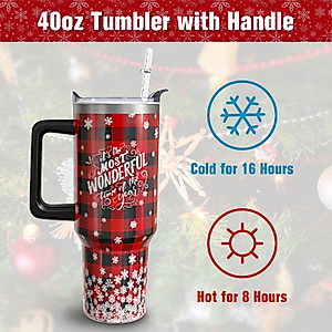 owbgsdh 40 oz Christmas Tumblers with Handle and Straw, Buffalo Snowflakes 40oz Stainless Steel Vacuum Insulated Travel Coffee Mug Cup Water Bottle, Christmas Decor Stuff Accessories Gifts for Women