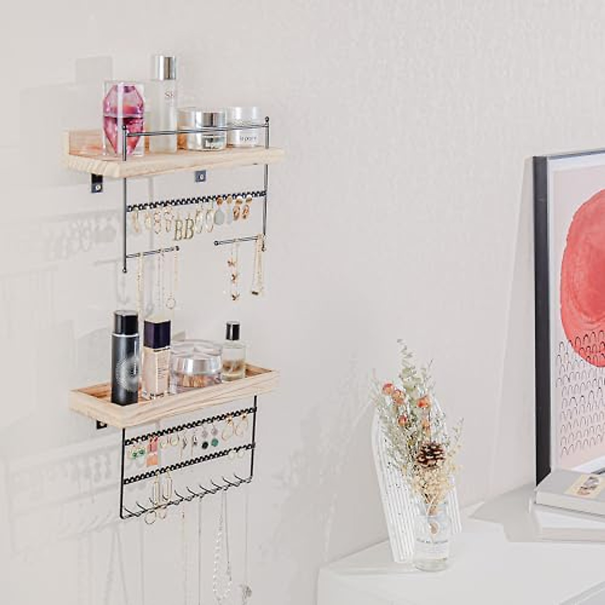 Lolalet Hanging Jewelry Organizer Wall Mount Jewelry Organizer with Earrings Holder Bracelets Holder Necklaces Hooks, Easy Install Free Combination Jewelry Holder for Wall Bathroom -Set of 2, Black