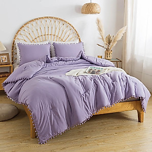 TanNicoor Pom Fringe Duvet Cover Set - 3 Piece Natural Ultra SOFE Color Washed Microfiber Bedding Set, Modern Style Down Comforter Quilt Cover with Zipper Closure(Queen, Lavender Purple)