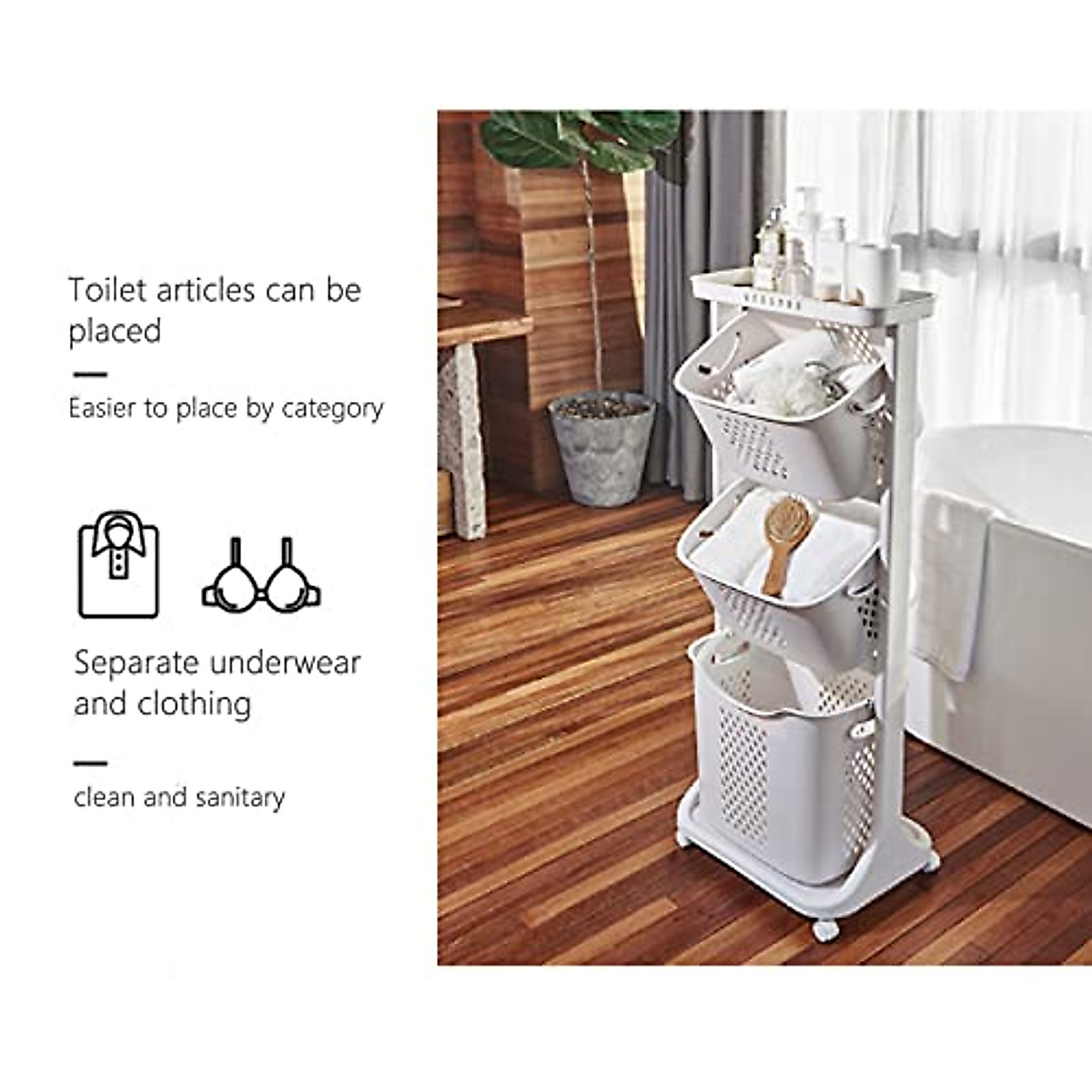 3 Tier Laundry Basket PP Material Laundry Basket with Wheels Laundry Basket Shelf with Two Kinds of Handles Clothes Baskets for Kitchen Bedroom Laundry Room Bathroom
