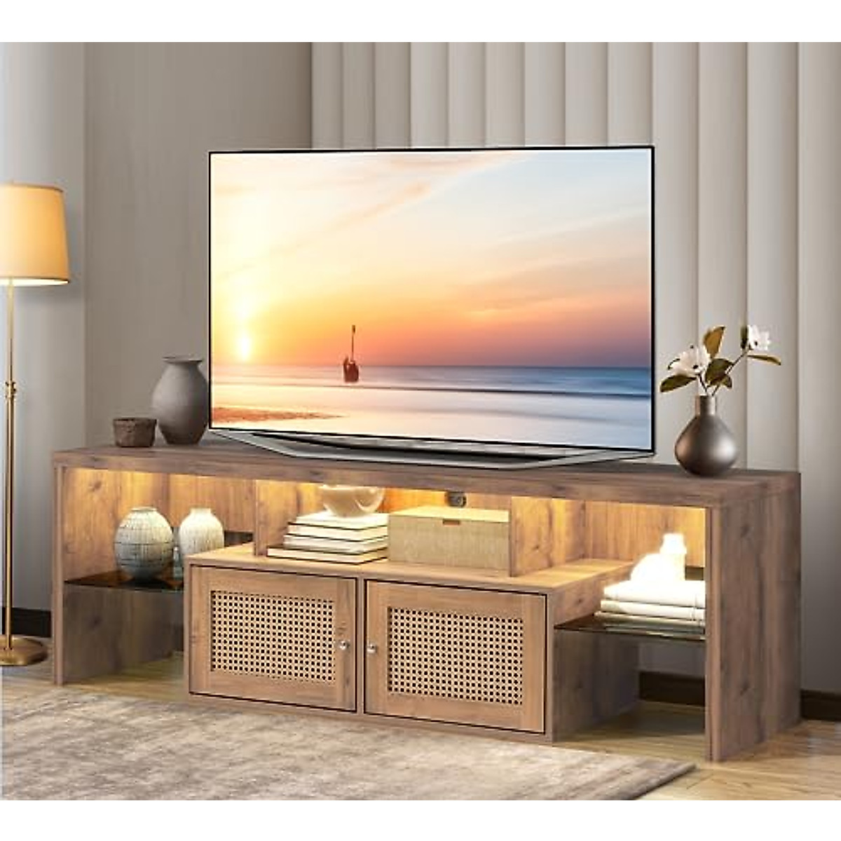Lyromix LED TV Stand for Televisions up to 70 Inches Modern Rattan Entertainment Center with Cabinet Storage and 2 Door, Large Boho Media Console Table for Living Room, Natural