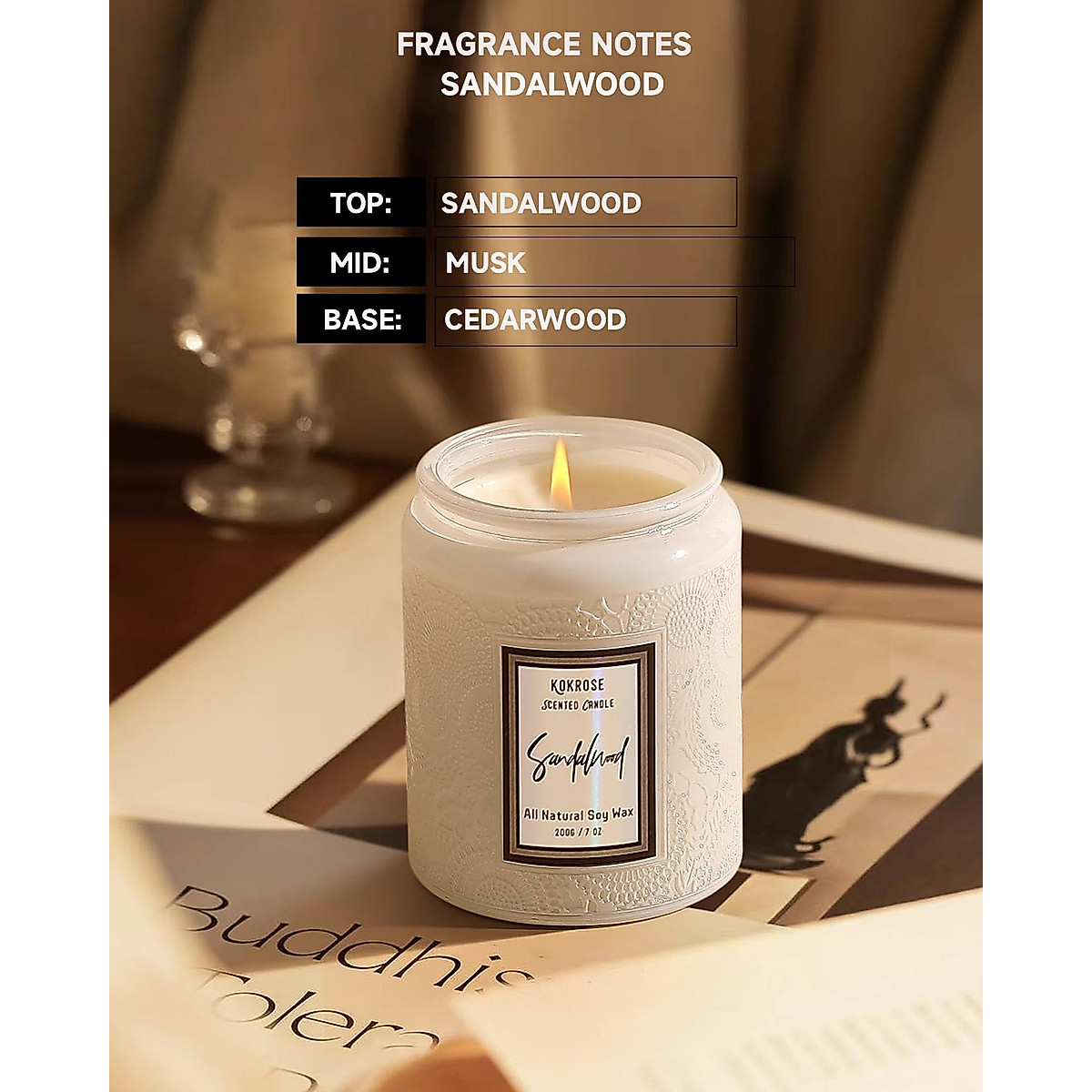 Sandalwood Aromatherapy Candles,100% Natural Soy Sandalwood Pretty Candle for Women, Stress Relief Candle, Sandalwood Candle for Bedroom, Bathroom