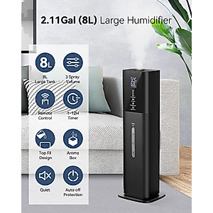 Humidifiers for Bedroom, 2.11Gal 8L Quiet Humidifiers for Large Room with Timer, 360°Nozzle, 3 Speed Ultrasonic Cool Mist Humidifier with Humidistat for Baby Home Adults Plants
