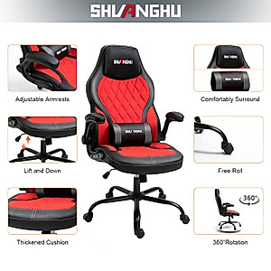 shuanghu Gaming Chair Ergonomic Recliner Office Computer Chair High Back Gaming Chair with Adjustable Headrest and Swivel Armrests and Lumbar Support for Men Women Adults Gamer (Red)