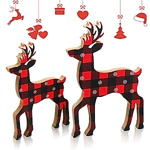 Jetec 2 Pieces Vintage Christmas Decorations Reindeer Christmas Decoration Rustic Reindeer Standing Tabletop Decoration for Home Lawn Garden Decor (Plaid Style)