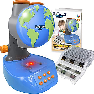 Dr. STEM Toys - Talking Microscope for Kids with Twenty Slides Containing Sixty Specimens, Over 120 Quiz Facts, Adjustable Focus, and Light-Up Platform