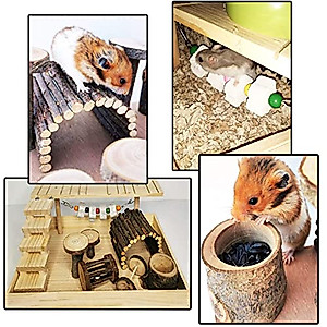 Hamiledyi Dwarf Hamster Activity Playground Natural Wood Gerbil Climbing Platform Mice Living Gym System Set Syrian Exercise Cage Accessories with Lava Stone String Chewing Toy Ladder Bridge Ramp