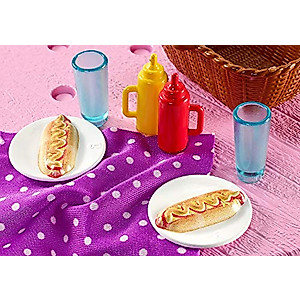 Barbie Outdoor Furniture, Pink Picnic Table with Adjustable Seats and Hot Dog Picnic for 4