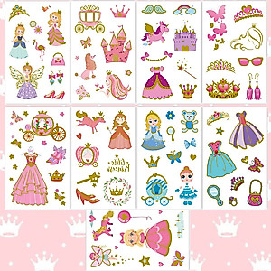 Ooopsiun Glitter Princess Temporary Tattoos for Girls - 70 Gold Glitter Styles, Princess Birthday Party Decorations Supplies Favors for Gilrs Kids