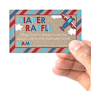 Flying By Airplane Themed Diaper Raffle Tickets for Boy Baby Showers, 20 2" X 3” Double Sided Insert Cards for Games by AmandaCreation, Bring a Pack of Diapers to Win Favors & Prizes!