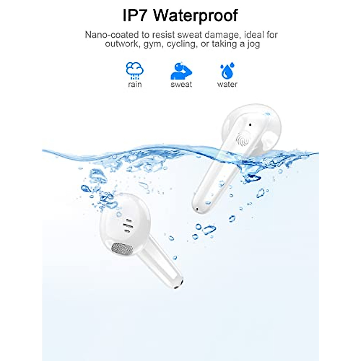 Wireless Earbud, aiskding Bluetooth 5.3 Headphones, Bluetooth Earbud HiFi Stereo Built-in 4 Mics, Wireless Headphones Touch Control with 32H Playtime, Bluetooth Earphones IP7 Waterproof for Work Sport