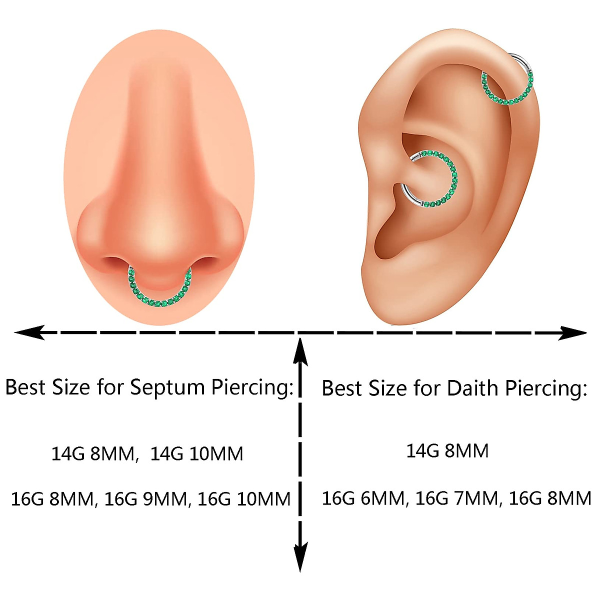 Showself 16G Septum Rings Septum Clicker Green Cubic Zirconia Septum Jewelry Surgical Steel 16 Gauge Daith Hoop Earrings Daith Piercing Jewelry (8mm)