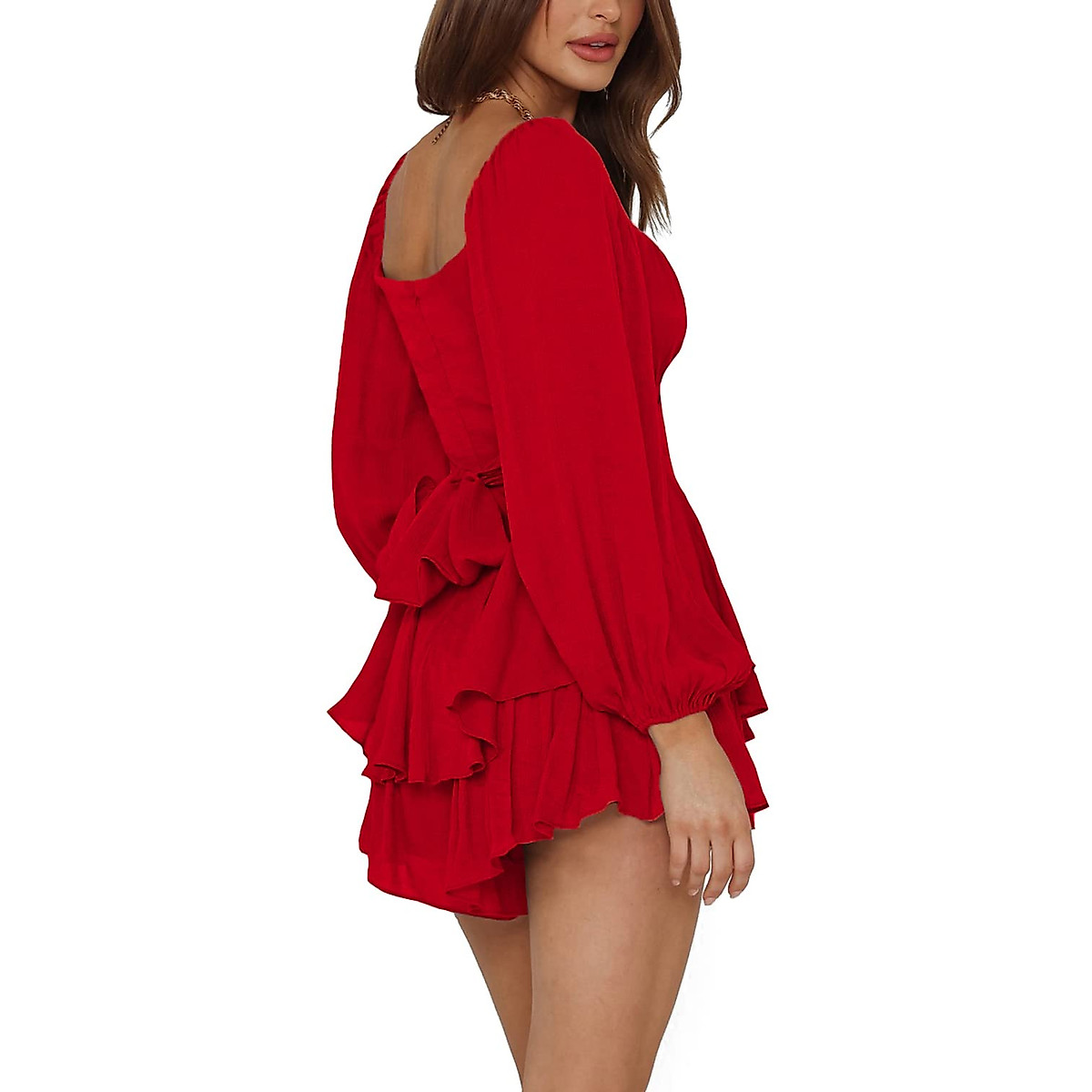 LYANER Women's Jumpsuit Lantern Long Sleeve Ruffle Layer Tie Mini Short Romper Red Medium