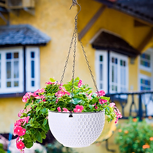 Gejoy 4 Pieces Self Watering Hanging Planter for Outdoor Indoor Plants 8 Inch Plastic Plant Hanger with Drain Hole and Chain Flower Plant Pot Hanging Basket Garden Planters and Pot, White