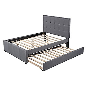 RUNWON Full Size Linen Upholstered Platform Bed with Headboard and Trundle for Bedroom Living Room, Space Saving Design, Grey