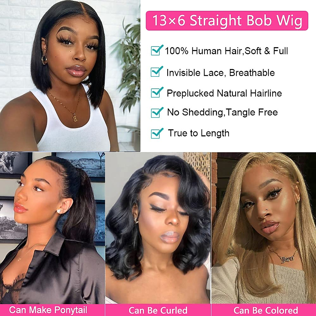Lzlefho Short Bob Wigs 13x6 Lace Front Wigs Human Hair Glueless Brazilian Virgin Human Hair Straight Bob Wigs For Women 150% Density Pre Plucked with Baby Hair Natural Color (12inch)