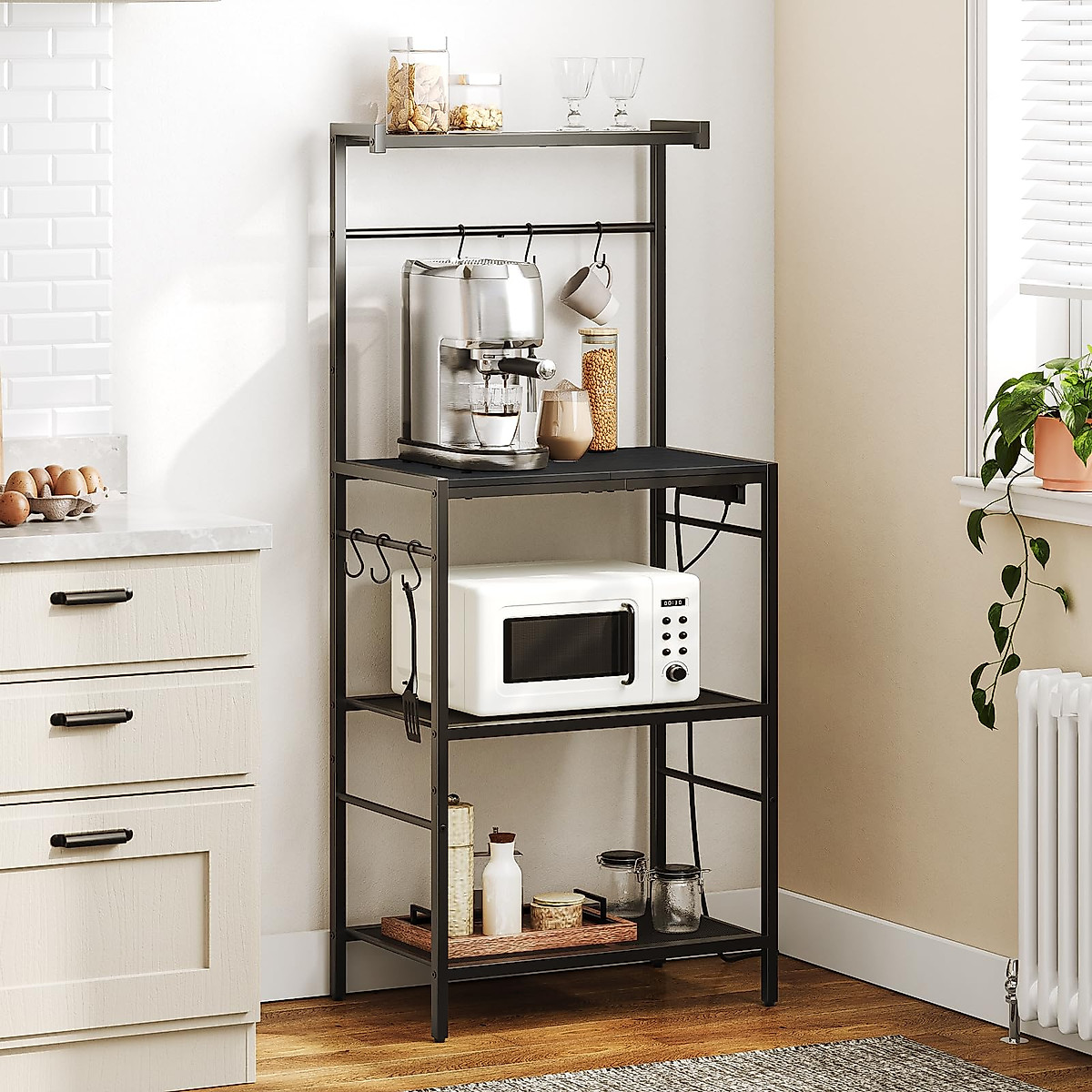 MAHANCRIS Bakers Rack with Charging Station, Microwave Stand with 6 S-Shaped Hooks, 4-Tier Storage Rack, Multifunctional Coffee Bar, for Kitchen, Dining Room, Charcoal Gray and Black BRHT35E01N1