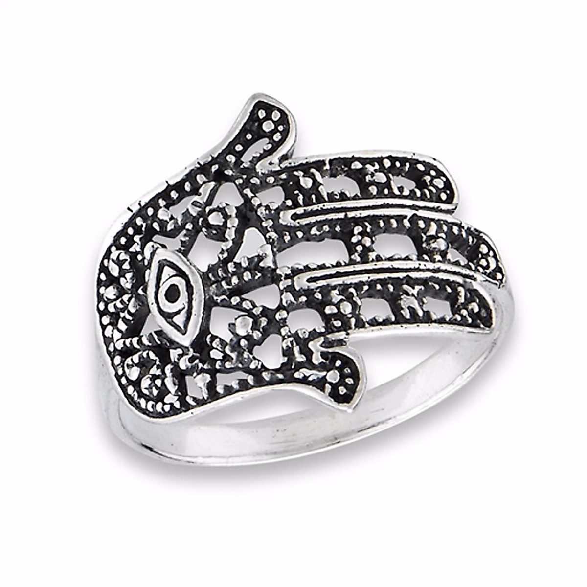 Oxidized Hand of God Evil Eye Hamsa Ring Sterling Silver Filigree Band Size 7